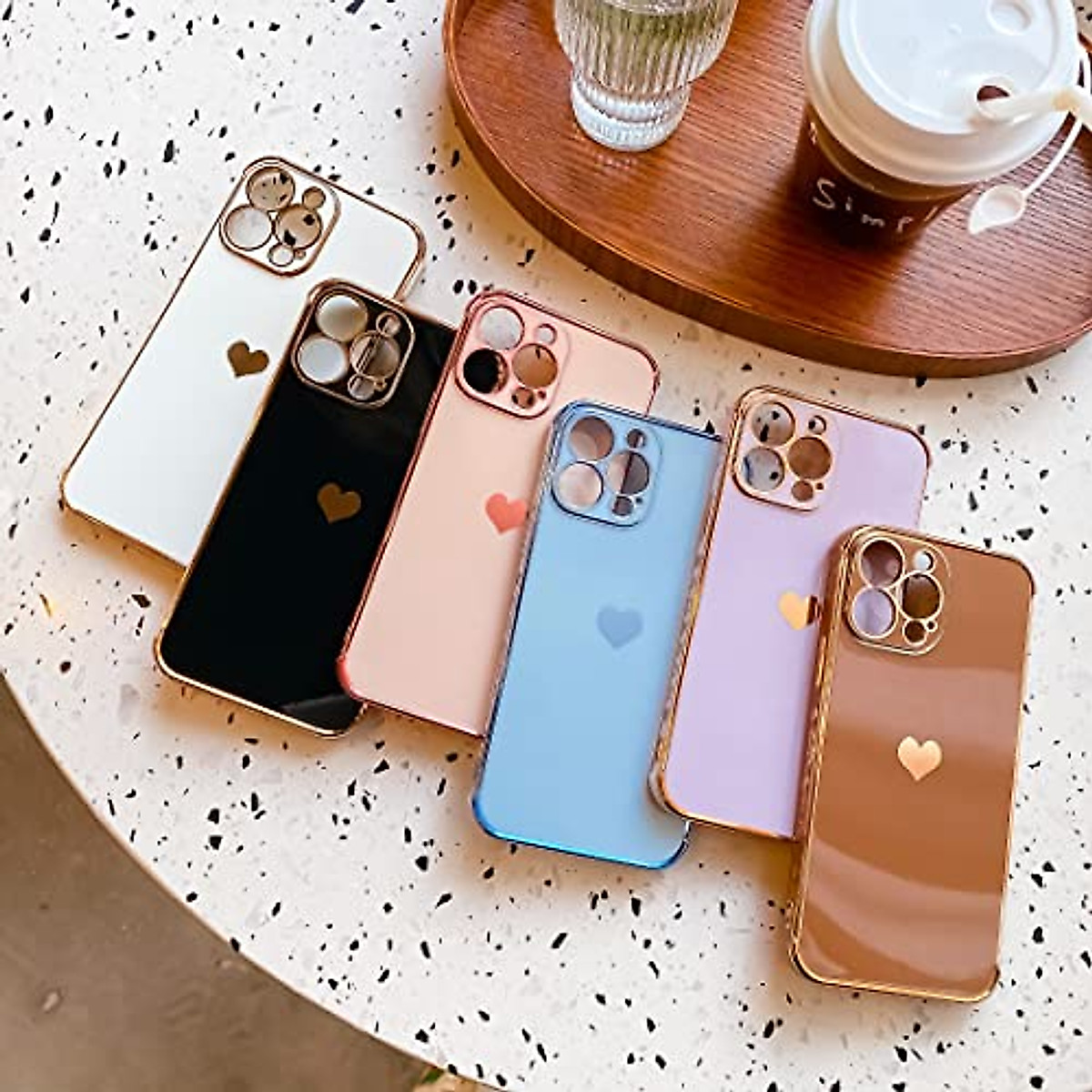 imluckies Compatible with iPhone 14 Pro Max Case, Shockproof TPU Cover with Luxury Gold Plating Edge & Love Heart Pattern, Full Camera Protection Case for Women Girls 6.7" (2022), Black