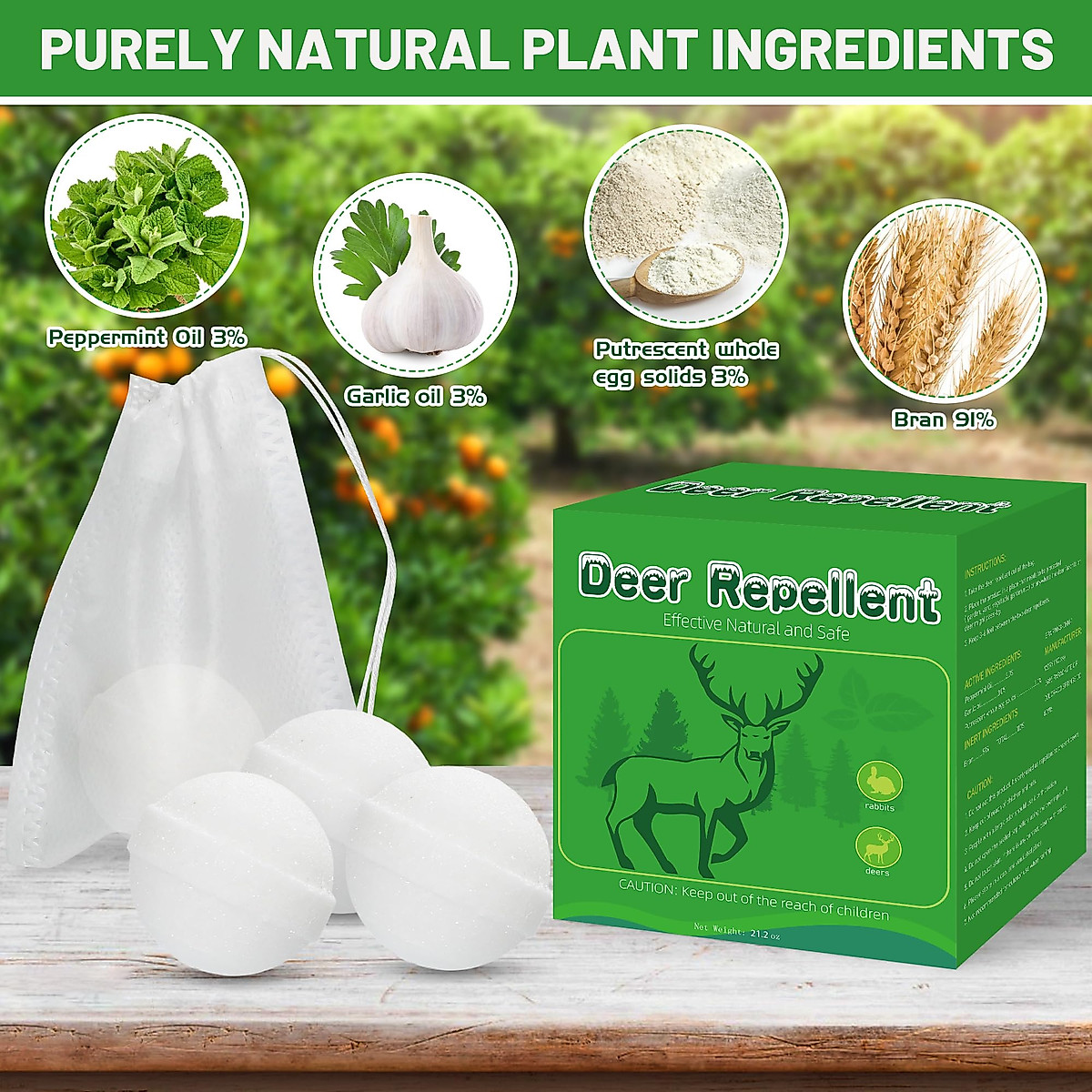 24 Pack Powerful Deer Repellent Balls, Natural Deer Deterrent and Rabbit Repellent Outdoor Keep Rabbits and Deer Away from Eating Plants, Lawns, Vegetables, Trees, Human & Pet Safe Deer Repellant
