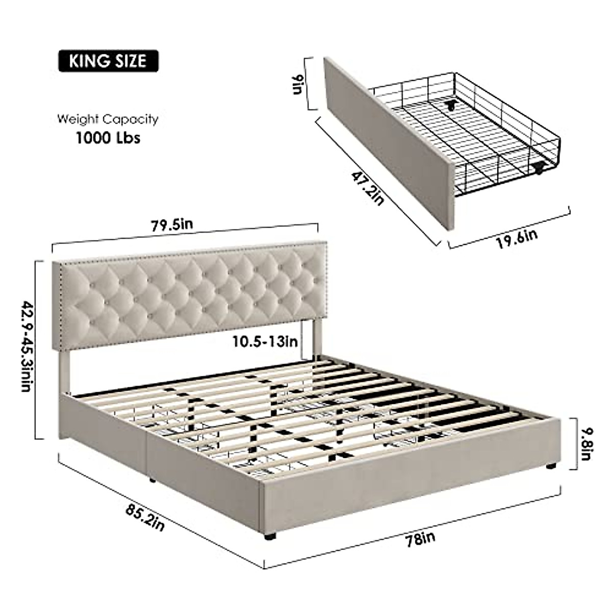 HOSTACK King Size Bed Frame with 4 Storage Drawers, Modern Upholstered Platform Bed with Adjustable Headboard,Button Tufted Bed Frame with Wood Slat Support,No Box Spring Needed(Beige, King)