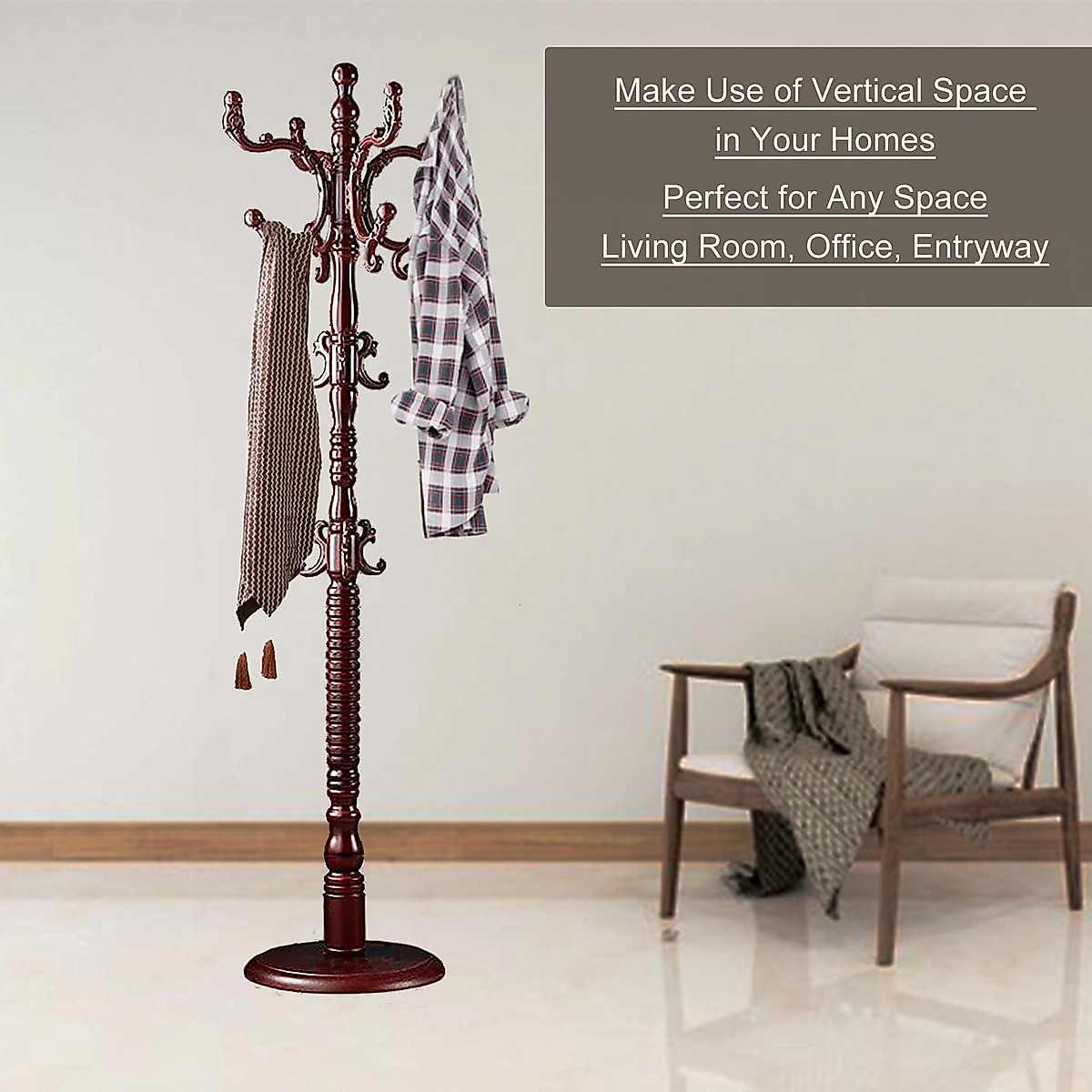 SerHirst Coat Rack Freestanding, Wooden Coat Tree Stand with 14 Hooks, Easy Assembly with Stable Disc Base for Bedroom, Hallway, Entrance Office for Hats, Coats, Scarves (Mahogany color)