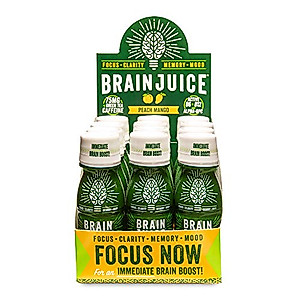 BrainJuice Brain Booster Shot, Original Peach Mango | Brain Support Supplement with Alpha GPC, B5, B6, B12 | Improved Energy, Memory, Focus, Clarity, & Mood | Gluten-Free, Non-GMO | 2.5 fl oz, 12 Pack
