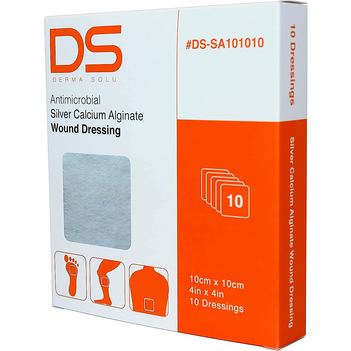 DERMA SOLU 4” x 4” Silver Calcium Alginate Wound Dressing Alginate w/Silver Sterile (4" x 4" (10 Dressings))