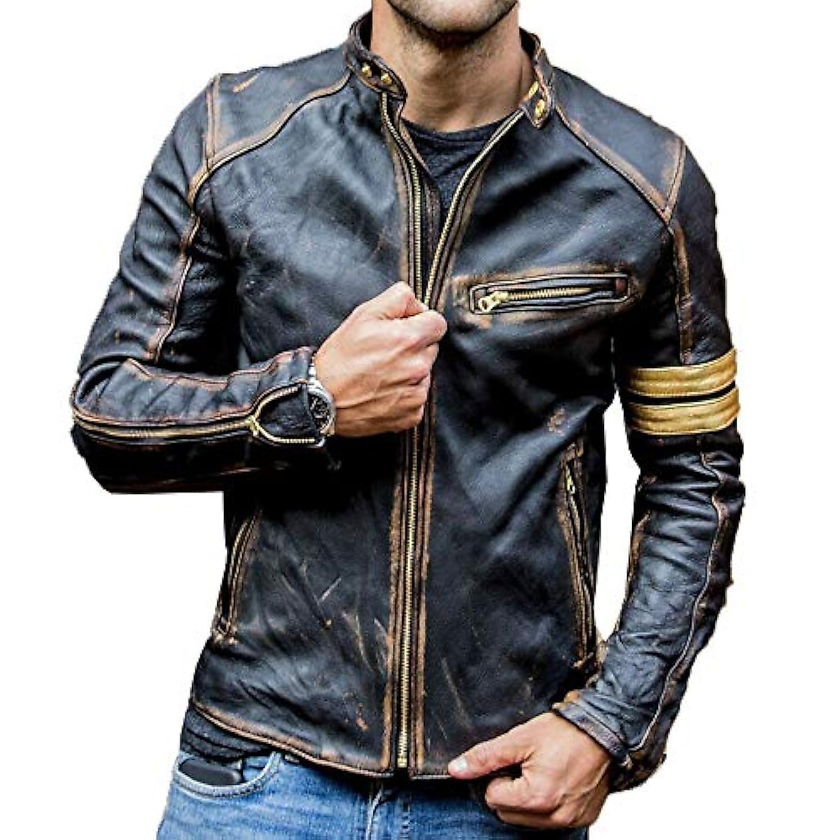 Mens Vintage Cafe Racer Motorcycle Distressed Biker Real Leather Jacket (as1, alpha, m, regular, regular, PD3, Medium)