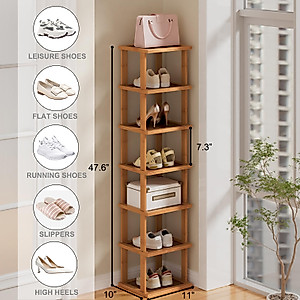 ZUJJAFY Bamboo Shoe Rack for Entryway, Vertical Shoe Rack 7-Tier Tall & Narrow Shoe Shelf for Small Spaces, Free Standing Corner Shoe Rack Organizer for Front Door Entrance Closet Bedroom and Garage