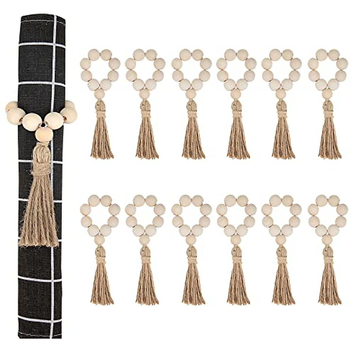 Wood Bead Napkin Rings Natural Wooden Beads Napkin Holders with Tassels Elastic Wooden Napkin Buckles for Christmas Farmhouse Wedding Home Table Decoration (6)