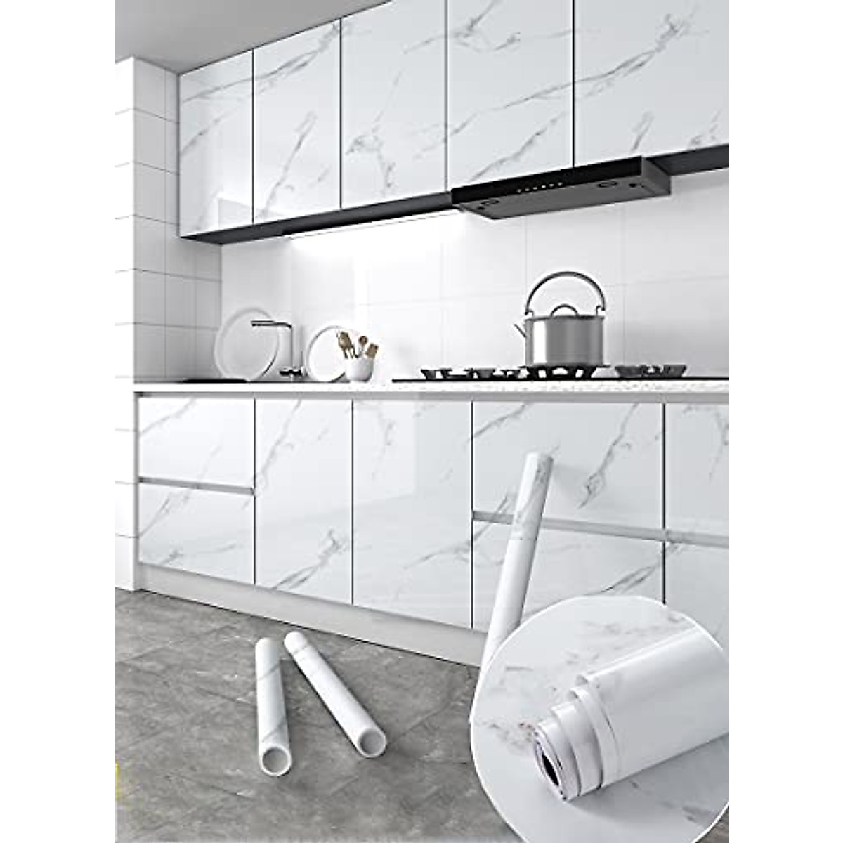 Glossy Marble Paper Granite Gray/White Wallpaper Peel and Stick Wallpaper Self Adhesive Removable Wallpaper 15.8″ ×197″ Waterproof Countertop Paper for Cabinet Countertop Furniture Kitchen Viny Film