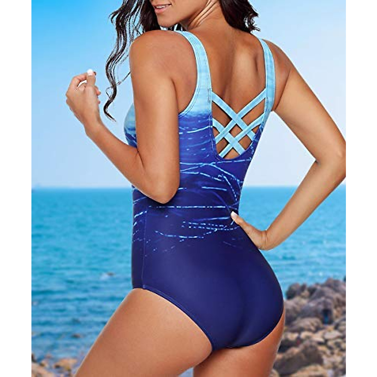 American Trends Women's One Piece Swimsuits for Women Athletic Training Swimsuits Swimwear Racerback Bathing Suits for Women A Blue Medium (fits Like US 6-8)