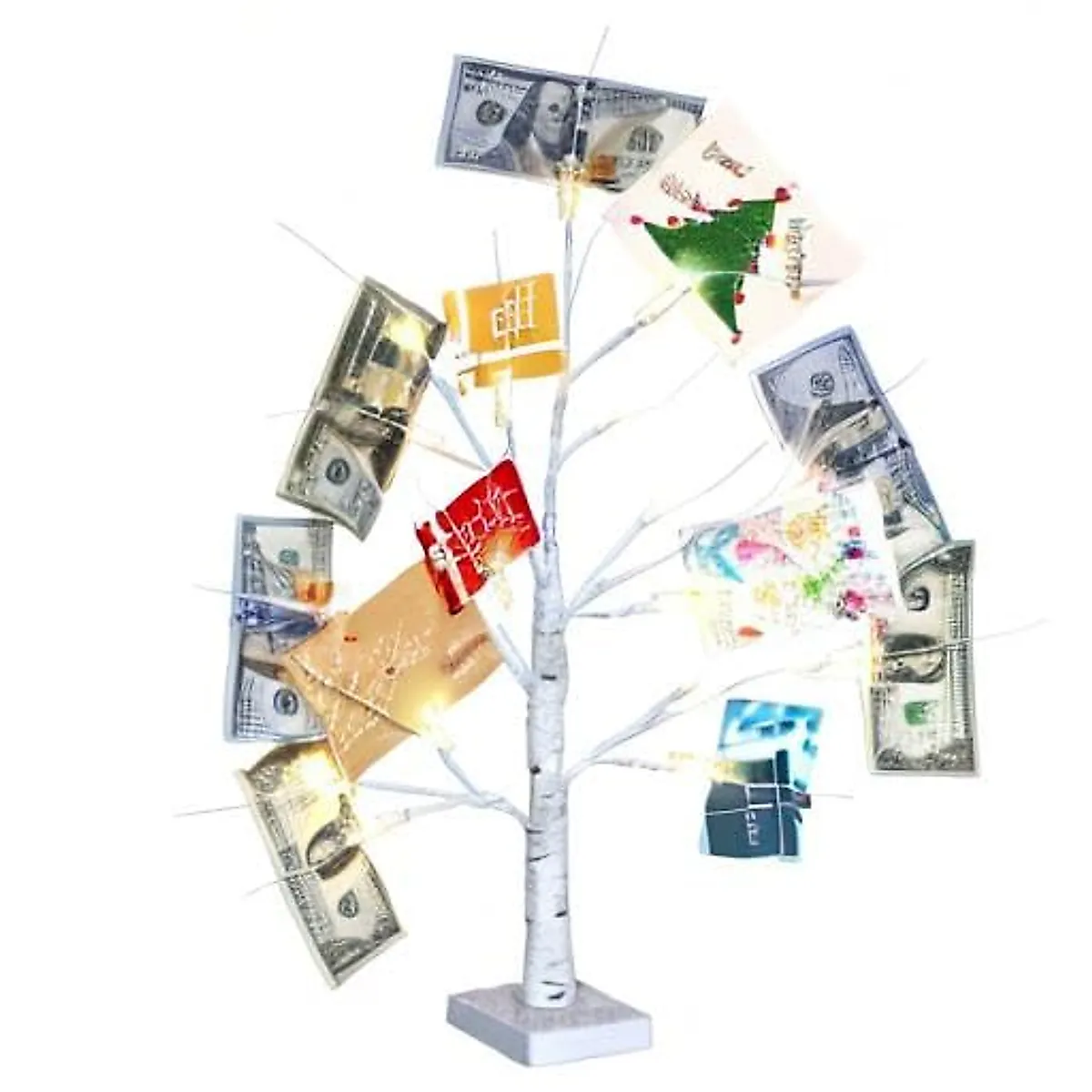 DECORKEY Money Tree Gift Holder, 24" 2FT Birch Tree with LED Lights, Battery Powered Timer Display Trees Stands with 12 Clear Clips Card, for Christmas, Birthday, Wedding, Photo, Graduation (White)
