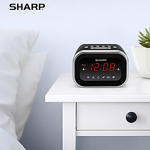 SHARP Dual Alarm Clock with Sound Machine with 6 Relaxing Sounds: White Noise, Campfire, Rain, Ocean, Brook, Thunderstorm, Easy to Use, Red LED Display
