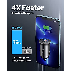 Car Charger, INIU Dual Ports [USB C 30W+USB A 30W] 5A QC 3.0 PD Fast Charge Car Charger Adapter, All-Metal Mini USB C Car Charger for iPhone 14 13 12 Pro Max iPad Samsung S21 MacBook Airpods Tablets