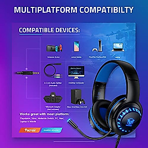 Pacrate Gaming Headset with Microphone for PC Mac PS4 Headset PS5 Headset Switch Xbox One Headset with Mic & LED Lights Noise Cancelling Headphones with Microphone for Kids Adults