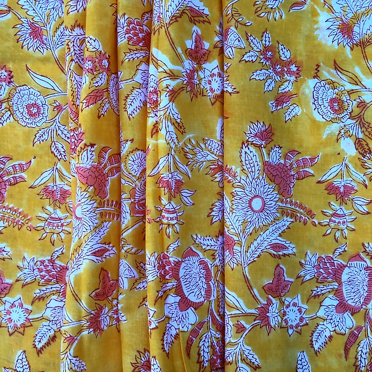 E-Tailor® Cotton Floral Print Cotton Fabric by Yard, Natural Dyes Sanganeri Indian Cotton Fabric Hand Block Printed Handmade Cotton Fabric-1 Yard-Floral-Mustard Yellow