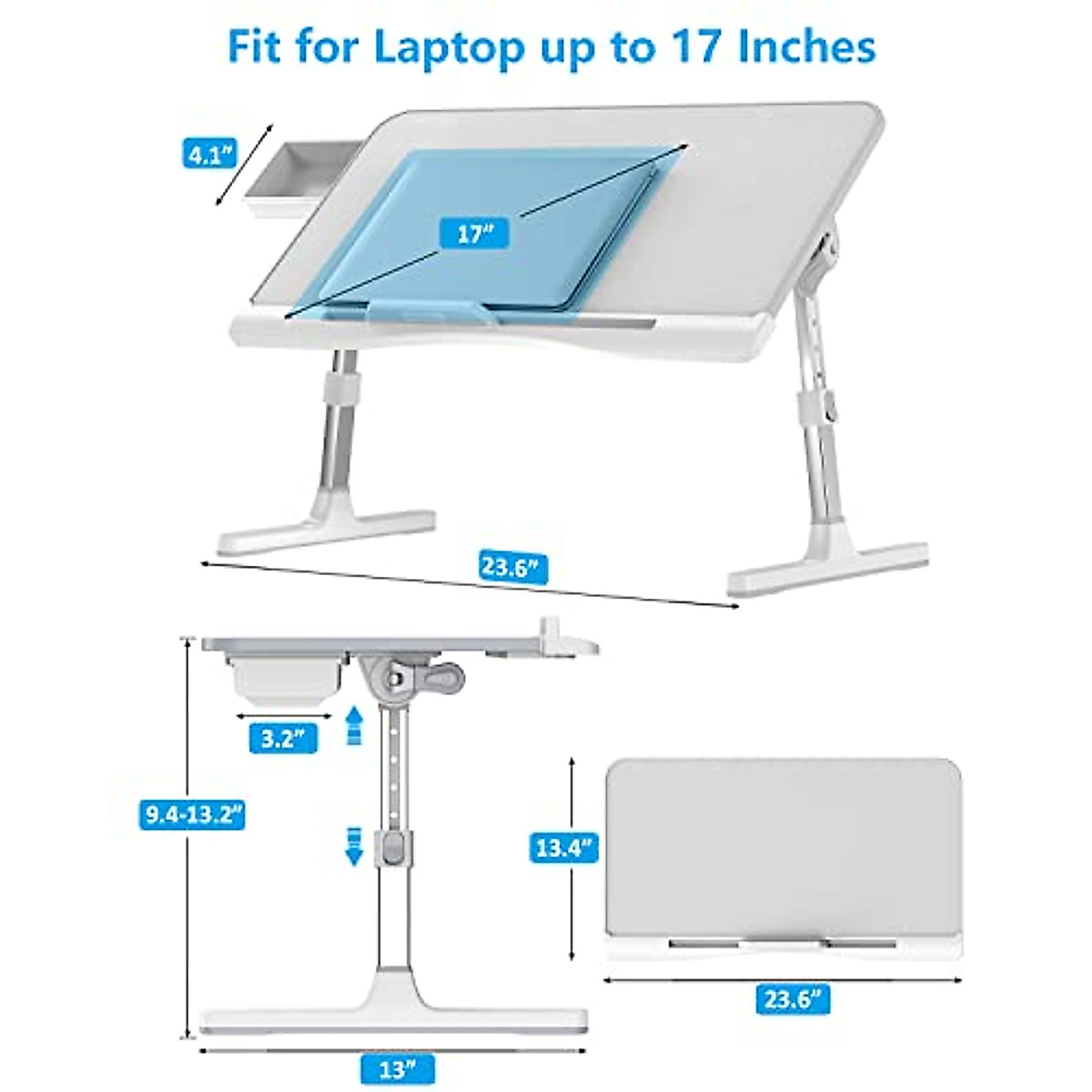 Laptop Bed Tray Desk, PVC Leather Adjustable Laptop Stand Bed Table, COKWEL Foldable Notebook Table with Storage Drawer for Bed Sofa Couch Eating Reading Working(Large, Gray)