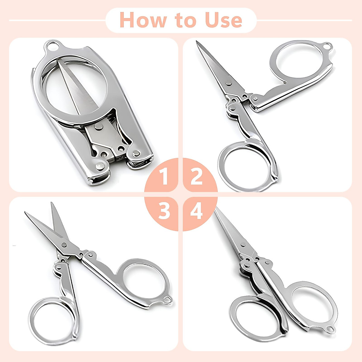 PDCTACST Small Folding Scissors, 4 PCS Mini Stainless Steel Foldable Scissor, Portable Travel Cutter Pocket Craft Scissors for School Classroom Home Camping Sewing Paper Cutting DIY Fabric Project