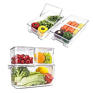 elabo Food Storage Containers Fridge Produce Saver- Stackable Refrigerator Organizer Keeper Drawers Bins Baskets with Lids and Removable Drain Tray for Veggie, Berry and Fruits