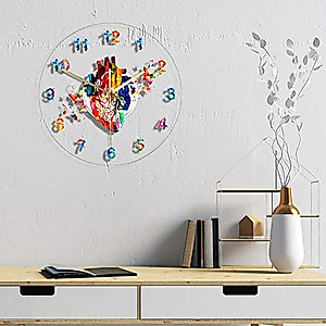 Wall Clocks12 inch Heart Design Anatomy Watercolour Painting Print Acrylic Wall Clock Medical Office Art Decor Cardiovascular Artwork Wall Clock Easy to Read
