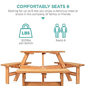 Best Choice Products 6-Person Circular Outdoor Wooden Picnic Table for Patio, Backyard, Garden, DIY w/ 3 Built-in Benches, 500lb Capacity - Natural