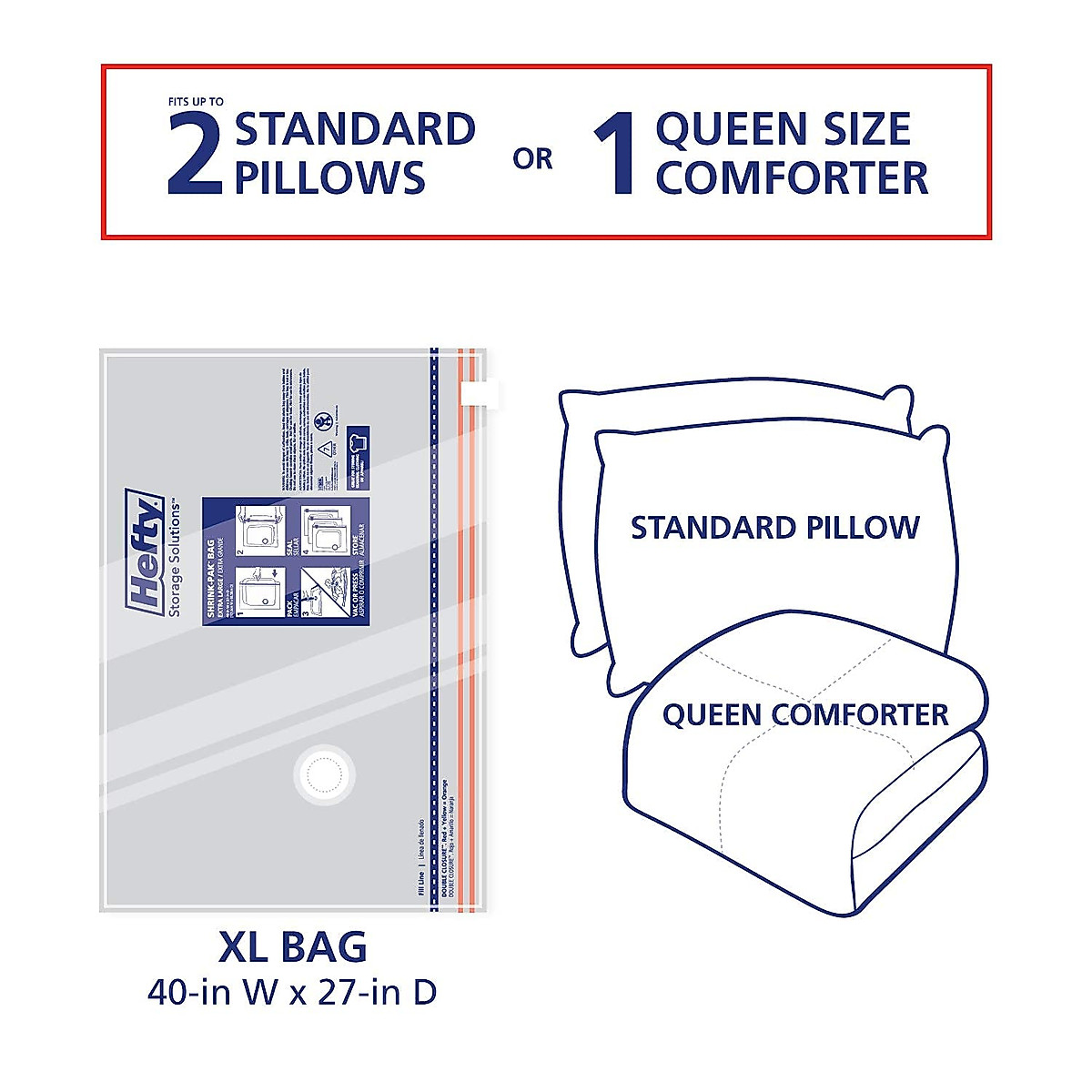 Hefty Shrink-Pak Vacuum Storage Bags – For Clothes, Pillows, Towels, Blankets & More – Space Saver Vacuum Suction Sealer Bags for Home or Travel – 3 XL Bags, 40 x 27 Inches