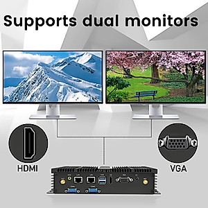Kinupute Fanless Mini PC, Industrial Desktop Computer Core i3-5005U 2.0GHz, Windows 10 Pro, 8GB RAM, 128GB SSD, 2xNICs, 2xCOM RS232, 4xUSB 3.0, HDMI/VGA Ports, Support Auto Power On