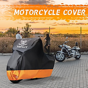 Tokept Motorcycle Cover, All-Season Waterproof Outdoor Sun Protection Fit up to 91 Inch Harley-Davidson Honda Suzuki Kawasaki Yamaha (L Black&Orange)