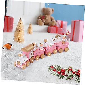 NUOBESTY Christmas Wooden Train Ornament with Snowman and Bear Mini Train Rail Toy Set for Kids Christmas Party Kindergarten Decoration, Pink