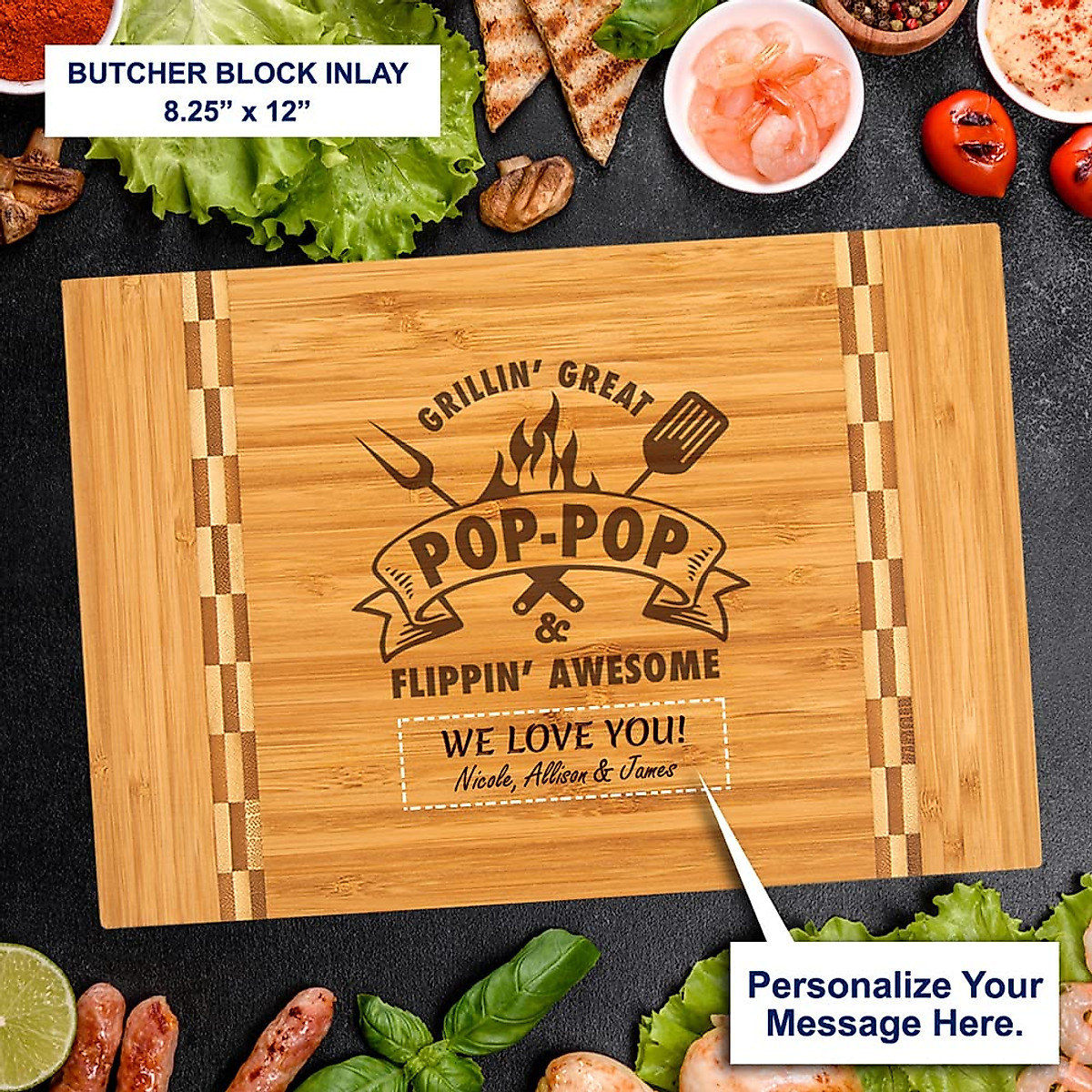 Pop-Pop Gift–PERSONALIZED Bamboo Cutting Board Custom Engraved Grillin Great Flippin Awesome Fathers Day Birthday Christmas Gift Best Pops Ever Papa Poppop Gifts from Grandkids Grandchildren (8.25x12)