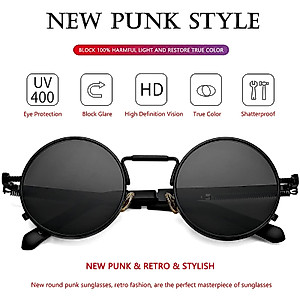 AIEYEZO Round Steampunk Sunglasses Circle Lennon Glasses Gothic Metal Frame 100% UV Blocking Lens (Black/Grey)