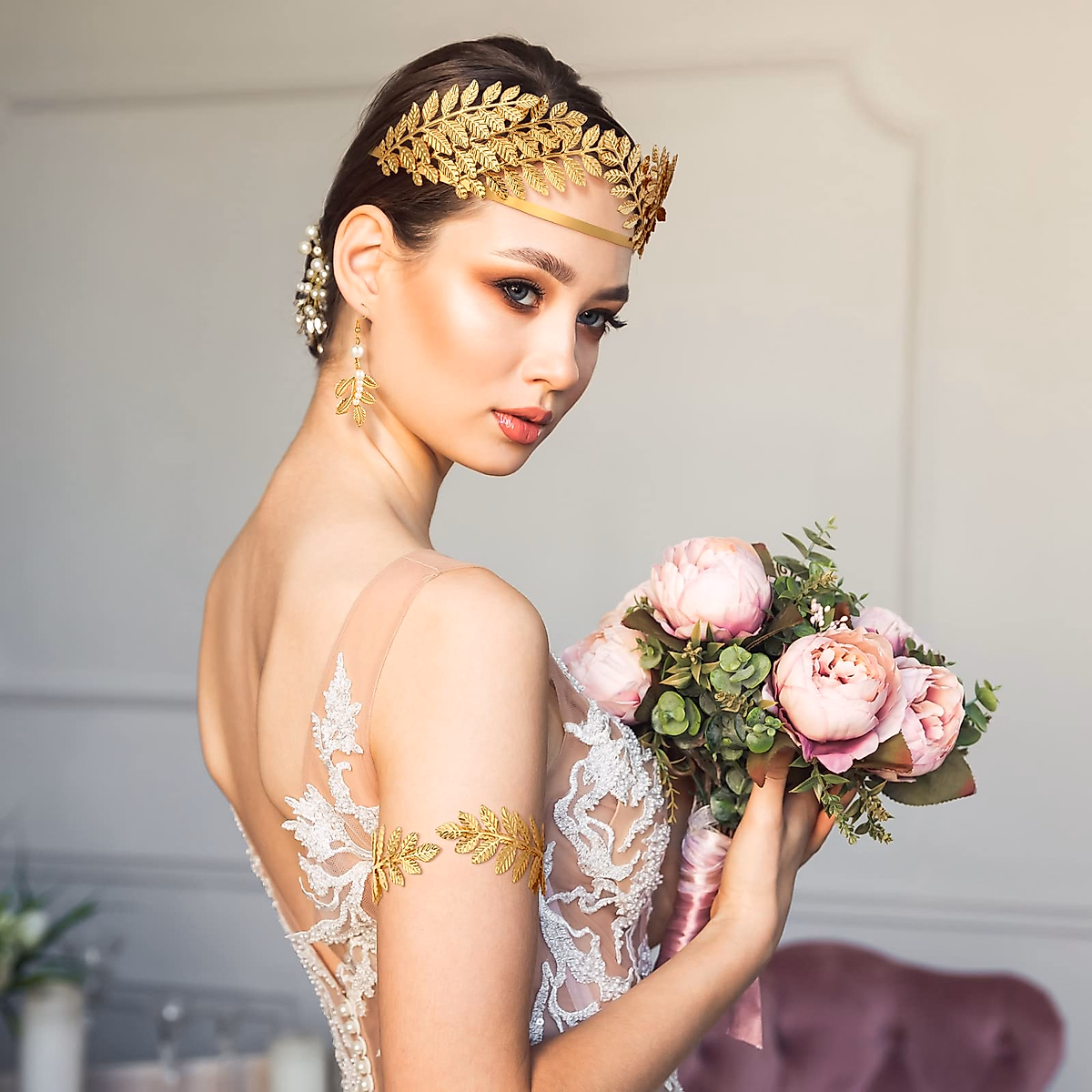 WILLBOND 15 Pieces Greek Goddess Costume Accessories Women Toga Golden Leaves Bridal Crown Headband Bracelet Pearl Earrings and Hair Pins (Fresh Style)