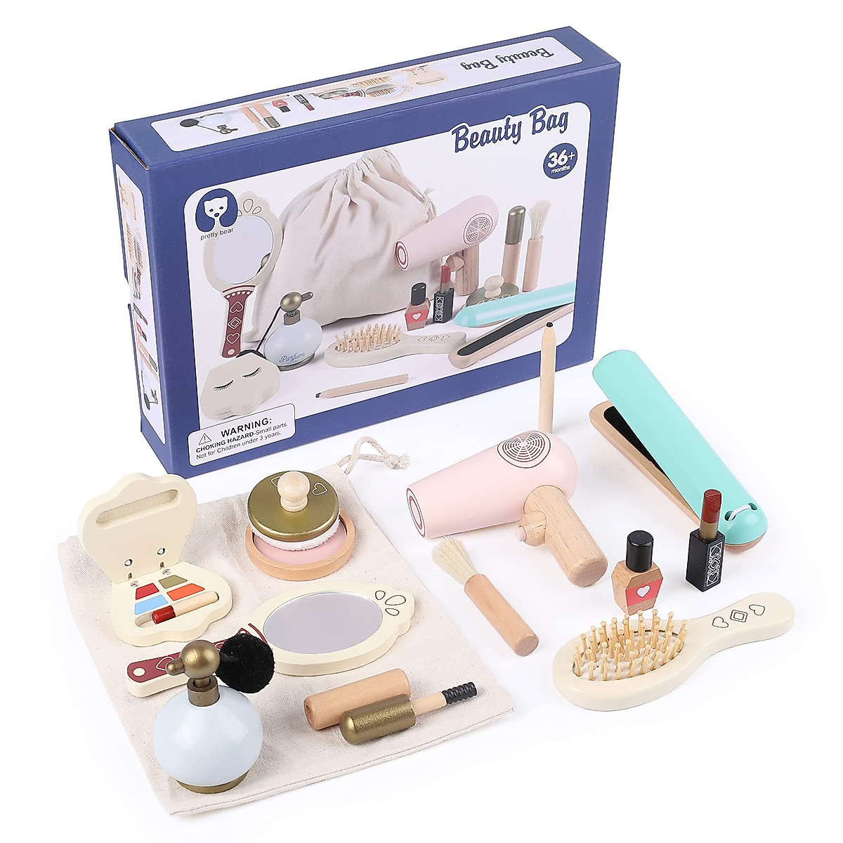 XAOHAO Pretend Play,Wooden Beauty Salon Toys for Girls, Make Up Set Toy Gift,15 Pieces Makeup Play Set with Makeup,Perfume,Lipstick,Mirror, Hair Dryer,Mascara, Cosmetics Case and Storage Bag