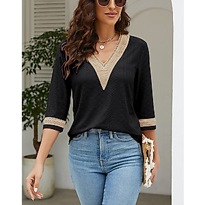 LIOFOER Women's Casual 3/4 Sleeve Shirts Lace V Neck Color Block Dressy Tops Trendy Hollow Floral Blouses T Shirts S-XXL Black