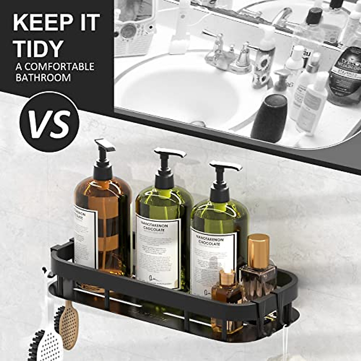 SAYUUM Shower Caddy, Shelf Organizer Rack(4-Pack), Self Adhesive No Drilling Black Bathroom Shelves