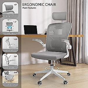 Monhey Ergonomic Office Chair, Home Office Desk Chairs with Adjustable Headrest, Lumbar Support, 2D Armrest, Big and Tall Office Chair 220lbs Heavy Duty Office Chair with Metal Base - Grey