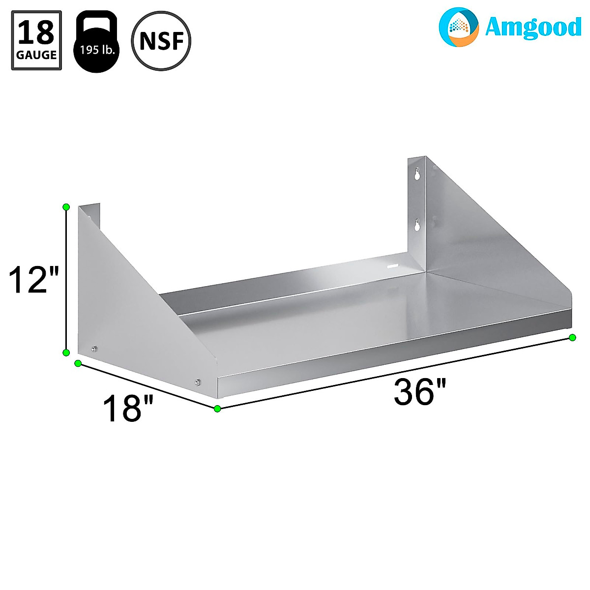 AmGood 36" Long X 18" Deep Stainless Steel Wall Shelf with Side Guards