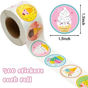 W1cwey 1000pcs Ice Cream Sticker Rolls(2 rolls), 1.5 Inch 16 Design Cartoon Summer Theme Ice Cream Sticker with Smile Face Cute Self-Adhesive Decals Decorative Stickers for Kids Rewards Party Supplies