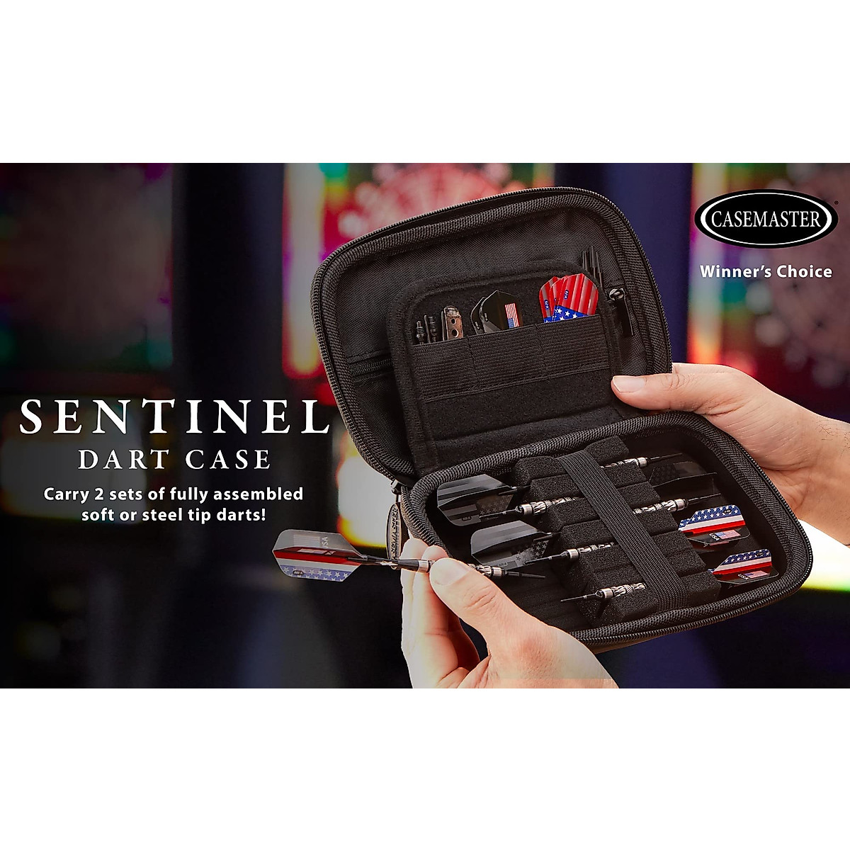 Casemaster Sentinel 6 Dart Case, Holds Extra Accessories, Tips, Shafts and Flights, Compatible with Steel Tip and Soft Tip Darts, Impact & Water Resistant Tactech Shell, Black Zipper