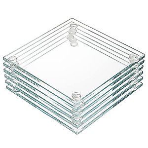 YOUEON Set of 6 Glass Drink Coaster Set, 3.5"x3.5" Crystal Clear Square Tabletop Protection Mat, Decorative Glass Plates for Mugs, Cups, Dining Tables, Office, Kitchen, Home Decor and Parties