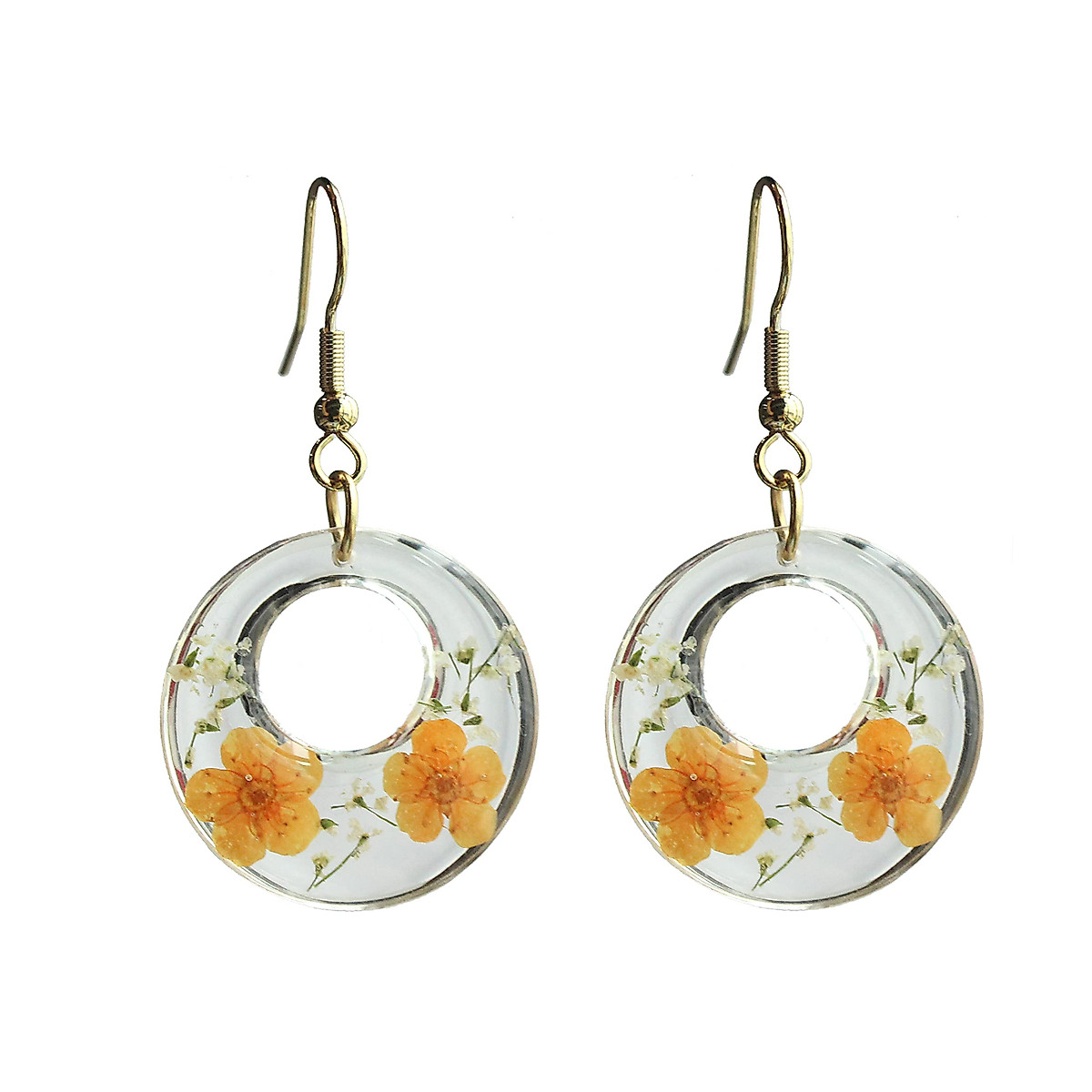 SIEASY Pressed flower Earrings, real Dried Flowers Pendant Earrings Orange Floret Gold earrings
