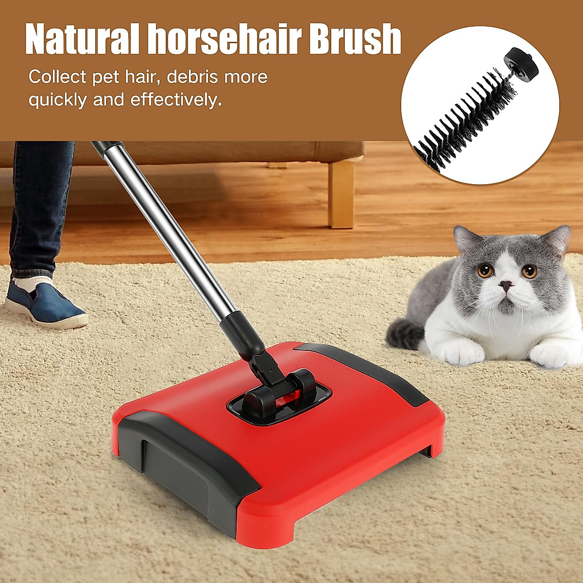 Carpet Floor Sweeper with Horsehair, Manual Carpet Sweeper Cleaner, Non-Electric Carpet Broom Sweeper Efficient Hand Push Carpet Sweeper Rug Roller Brush Push for Cleaning Pet Hair Loose Debris Lint