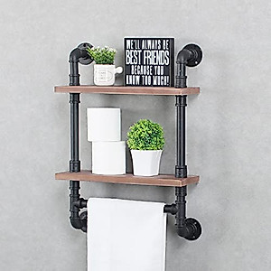 Industrial Pipe Shelving Bathroom Shelves Wall Mounted, 2-Layer 24in Rustic Wood Shelf with Towel Bar,Farmhouse Towel Rack Metal Floating Shelves Towel Holder (TypeA, Black)