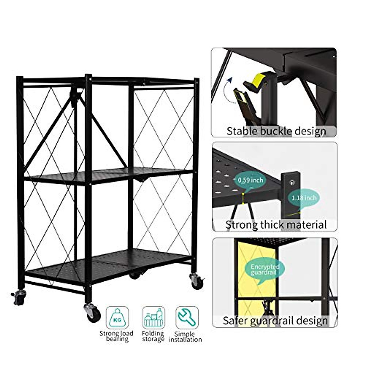 RUIJIAJU 3-Tier Foldable Standing Shelf Units Storage Rack,Metal Heavy Duty Storage Shelf with Wheels