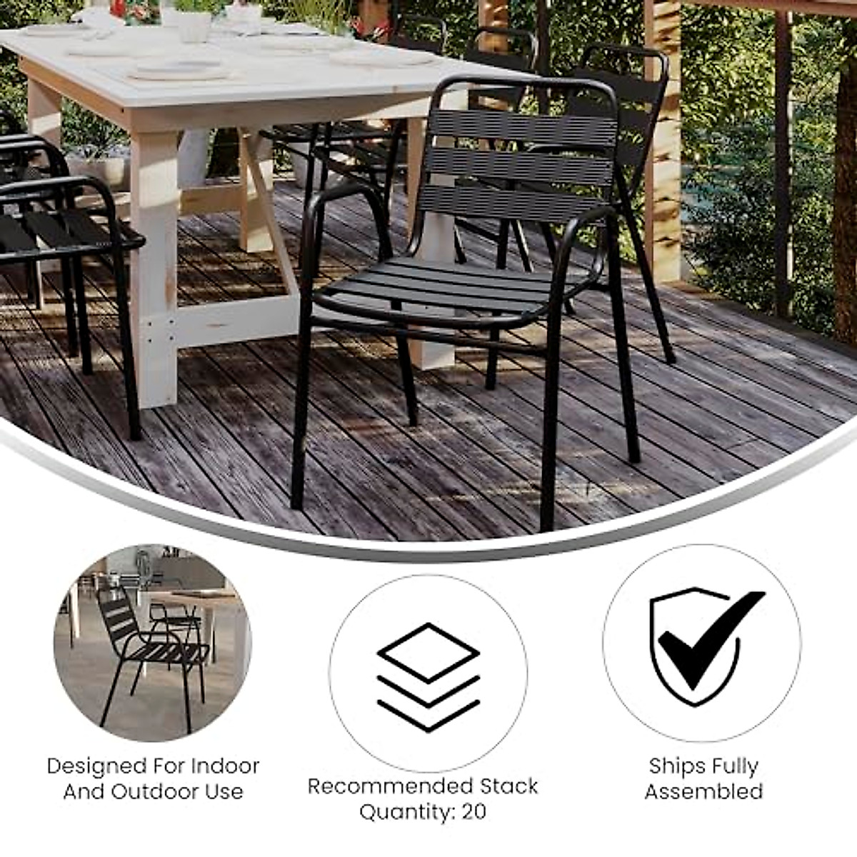 Flash Furniture Lila Commercial Restaurant Stack Chair with Triple Slat Back and Arms, Indoor-Outdoor Dining Chair, Black