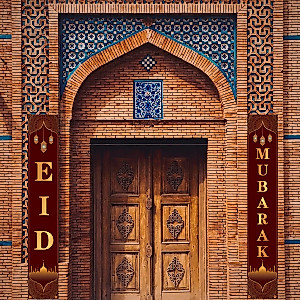 KYMY EID Mubarak Porch Banner with 70.9X11.8 inch,Muslim Ramadan Mubarak Porch Sign for Eid Mubarak Party,Islamic Hanging Banner for Indoor and Outdoor EID Mubarak Decorations