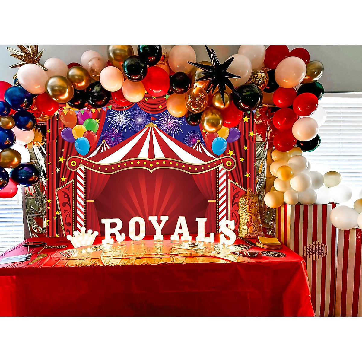 Red Circus Backdrop 7x5FT Carnival Theme Tent Photography Background Circus Amusement Park Fireworks Balloon Banner for Newborn Baby Shower Birthday Party Decorations Supplies (84x60 inch)