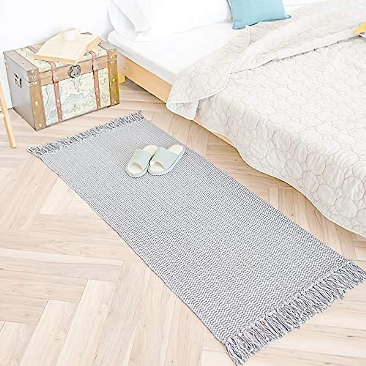 Fasmov Bathroom Rugs Cotton Area Rug Set 2 Piece 4.2'x2'+3'x2' Cotton Rugs with Tassel Farmhouse Gray Washable Fringe Cute Bedroom Entry Door Way Modern Rug
