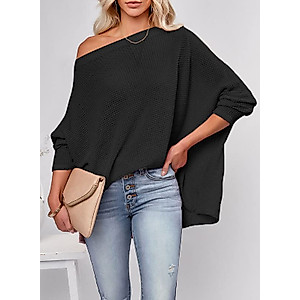 Dokotoo Women's Long Sleeve Waffle Knit Tops Boat Neck Casual Loose Fit Shirts Tunic Off The Shoulder Blouses for Women Fashion 2024 Black Small