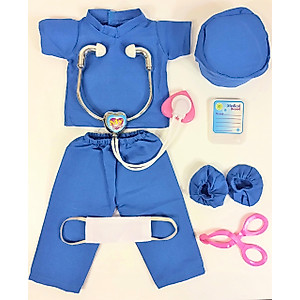 7 Piece Nurse, Doctor, Scrubs Doll Clothes Mask Medical Kit fits 18 Inch American Girl Doll Blue