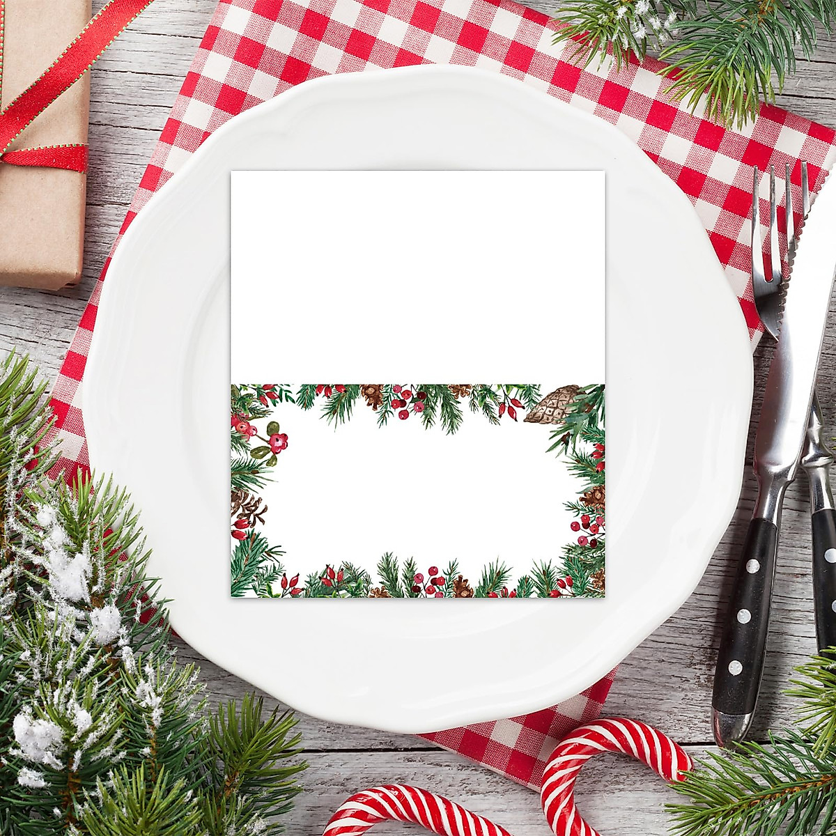 Whaline 100Pcs Christmas Place Cards 2 x 3.5 Inch Holly Berry with Pine Branch Cone Tented Cards Seating Cards for Xmas Wedding Bridal Shower Birthday Party Table Setting