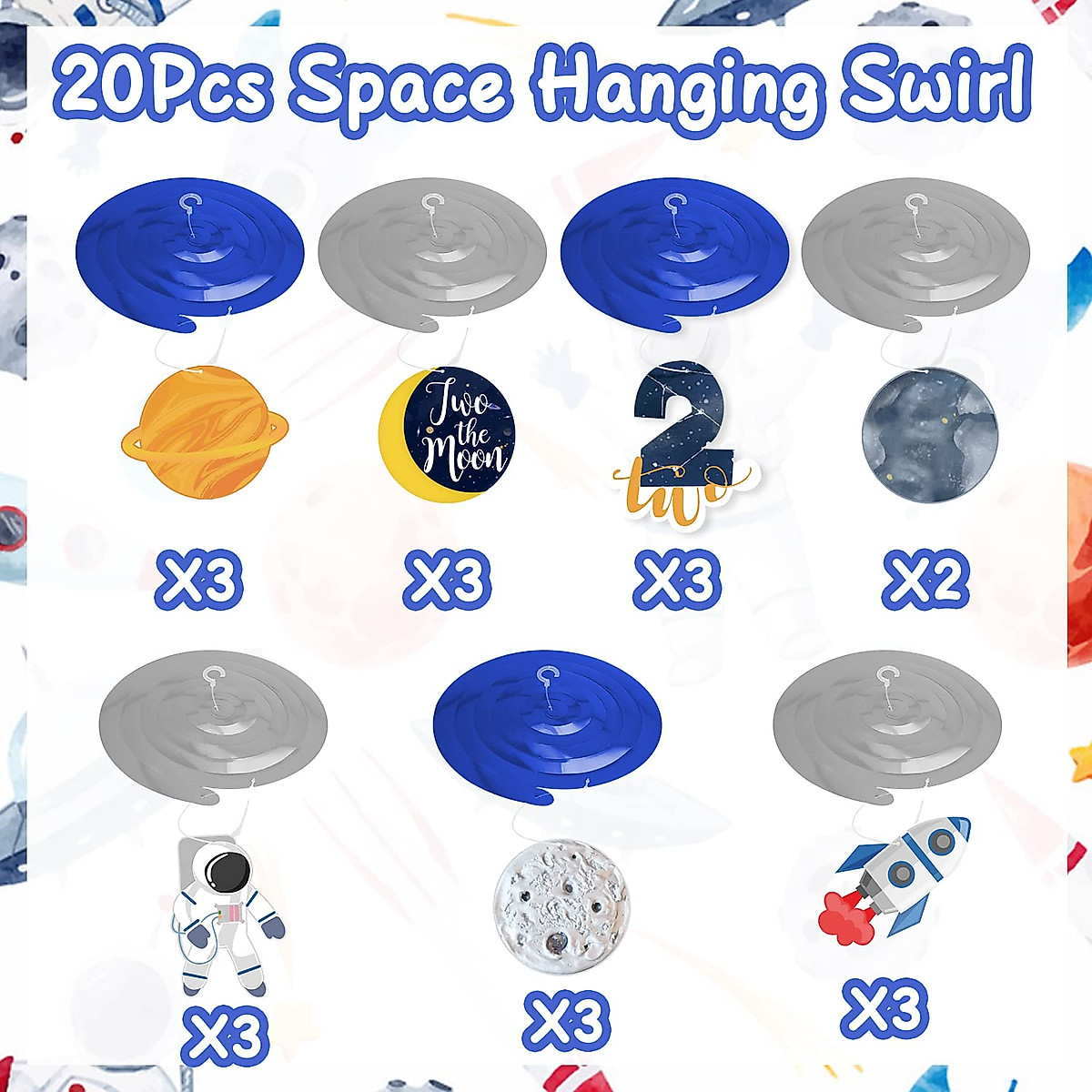 20Pcs Space 2nd Birthday Hanging Swirl Decorations,Two The Moon Second Birthday Party Hanging Decor for Kids Boy Baby Shower,to The Moon Birthday Decor,2 Year Old Outer Space Party Supplies