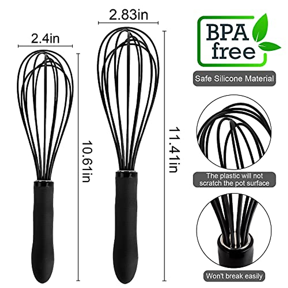 DIGHEIGG Silicone Whisk for Cooking, Wisk Set Egg Beater for Non-Stick Cookware for Whisking, Blending, Beating, Frothing & Stirring Kitchen Decor and Accessories, Black, Set of 2