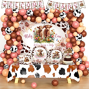 Hombae Highland Cow Baby Shower Decorations, Baby Shower Decorations for Girls, Holy Cow Baby Shower Supplies, Highland Cow Theme Backdrop Balloon Banner Tablecloth Cake Topper Plates Napkins Forks